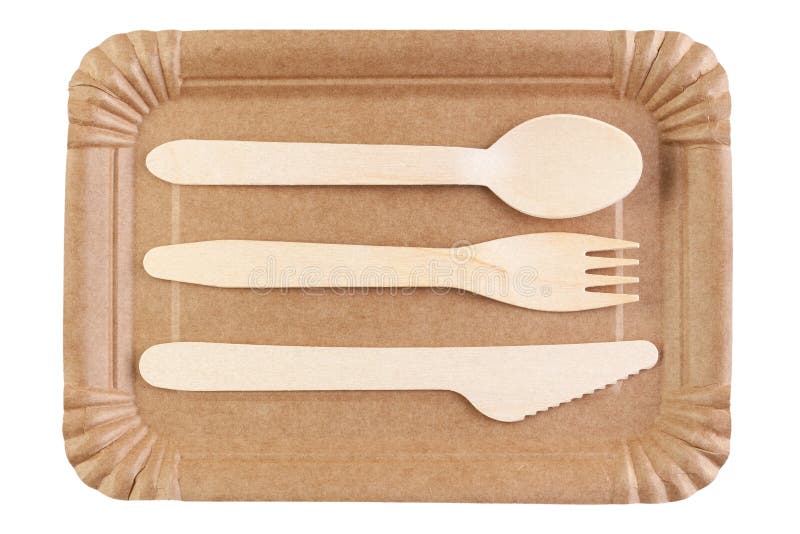 Wooden, Disposable Tableware on a Paper Craft Plate . Eco-friendly ...