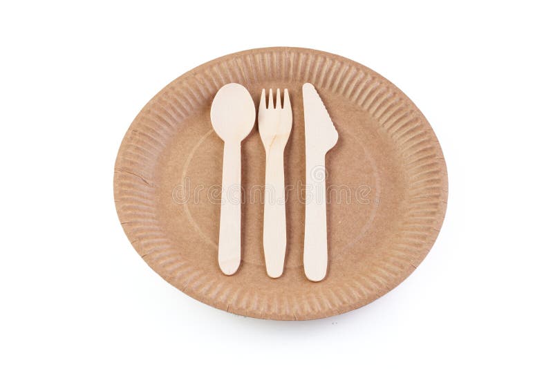 Wooden, Disposable Tableware on a Paper Craft Plate . Eco-friendly ...