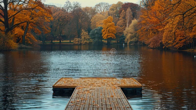 A Wooden Dock Sits on a Calm Lake with Fall Foliage in the Background Stock Illustration ...