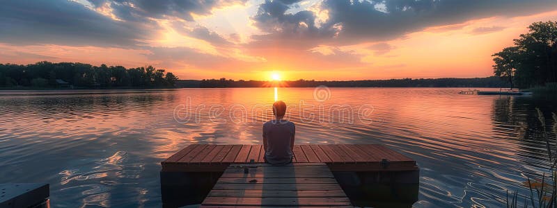 A Wooden Dock Sits on the Edge of a Lake at Sunset Stock Illustration ...