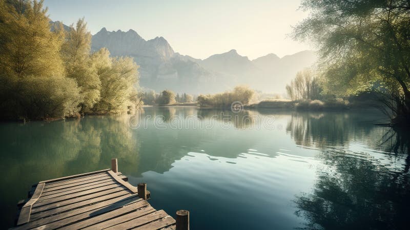 A Wooden Dock Sitting on the Side of a River Next To a Forest Stock ...