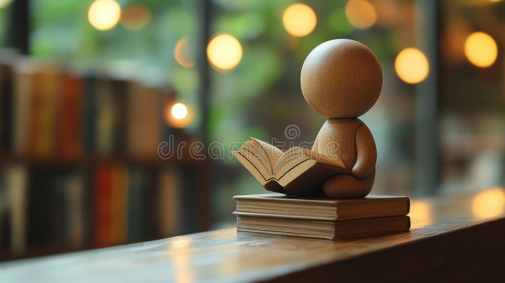 Wooden Doll Reading a Book in a Dimly Lit Library Stock Photo - Image ...