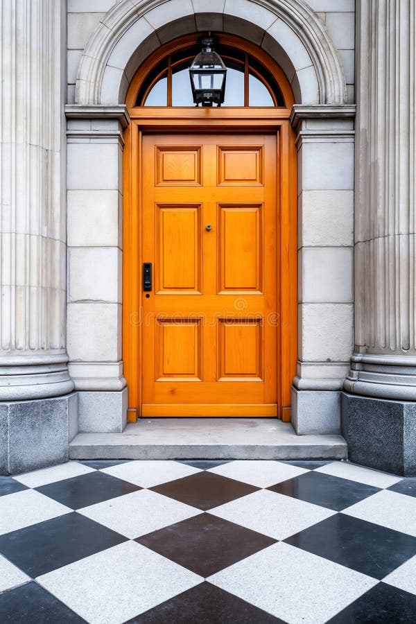 A Wooden Door on a Building with a Black and White Checkered Floor ...