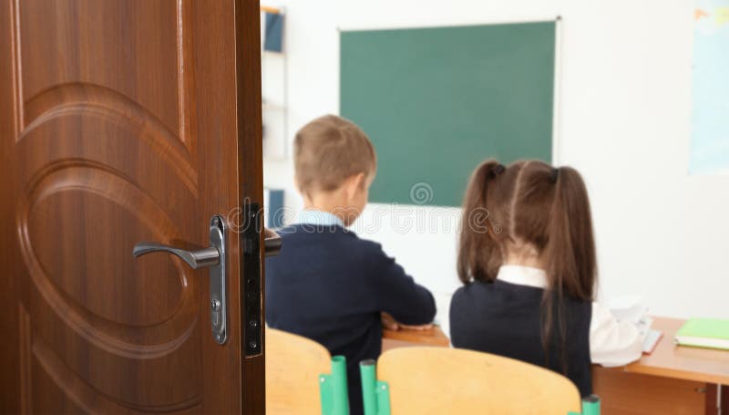 Wooden Door Open into Classroom with Students, Banner Design Stock ...