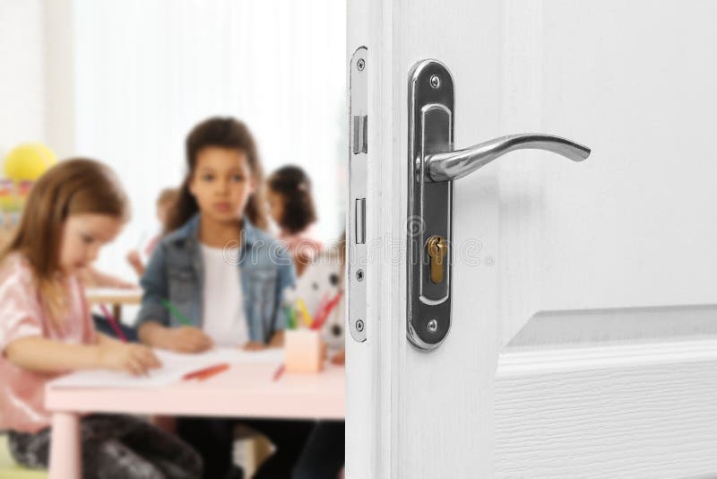 Door Open into Modern Classroom with Children Stock Image - Image of ...