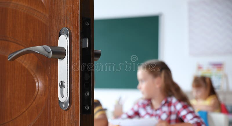 Wooden Door Open into Classroom with Students, Banner Design Stock ...