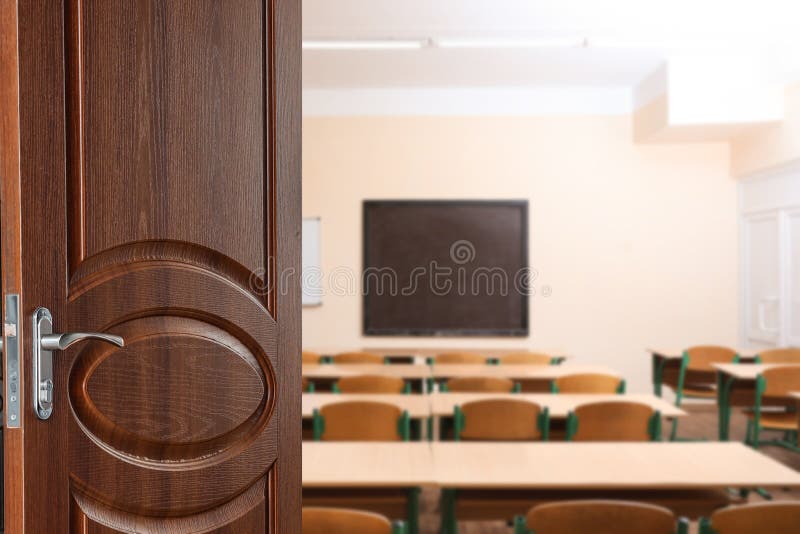 Wooden Door Open into Empty Classroom Stock Image - Image of indoors ...