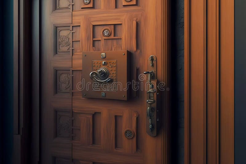 Wooden Door with Security System and Lock with Metal Rectangular Door ...