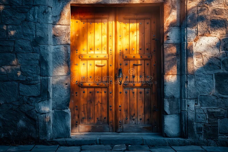 A Wooden Door in a Stone Building with a Light Shining through it ...