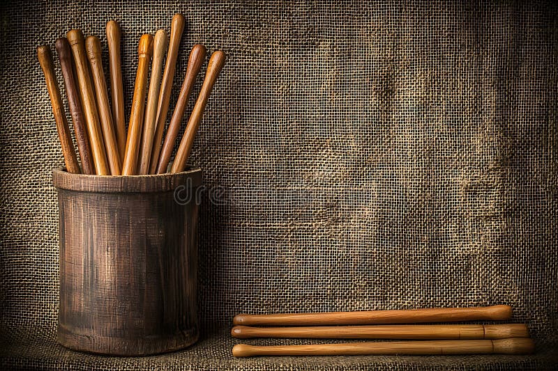 Wooden Dowels in Rustic Container Against Burlap Background a Still ...