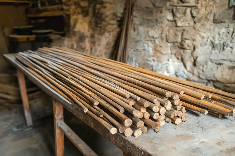 Wooden Dowels on Rustic Workbench Stock Illustration - Illustration of ...