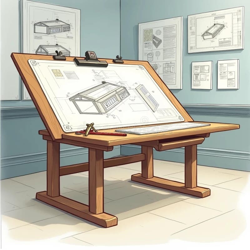 Wooden Drafting Table with Architectural Blueprint, Compass and Pencil ...