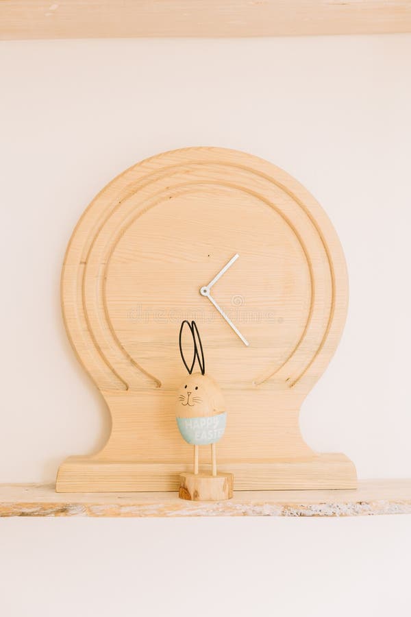 Wooden Easter Bunny with a Wooden Clock Stock Image - Image of single ...