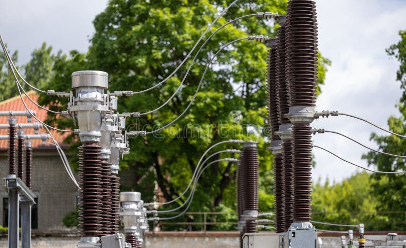 A Wooden Electricity Pole with Green Insulators Stock Image - Image of ...