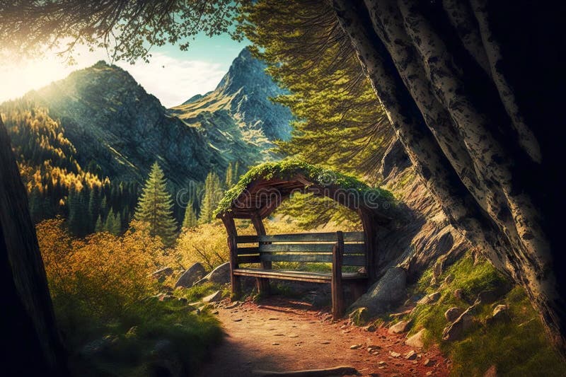 Wooden Empty Bench in Mountain Standing on Path Under Trees Stock ...