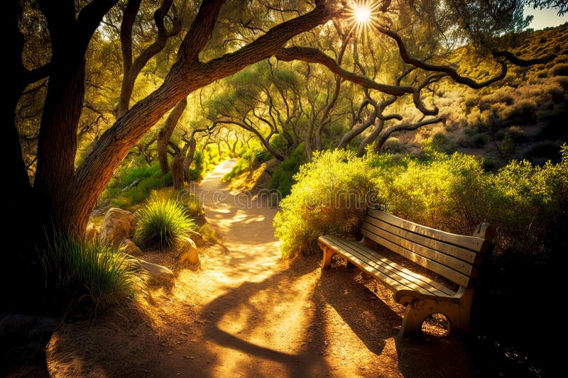Wooden Empty Bench in Mountain Standing on Path Under Trees Stock ...