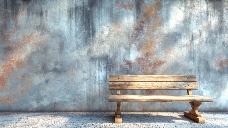 Wooden Empty Bench Positioned Against Blue and Rust Wall Casting Subtle ...