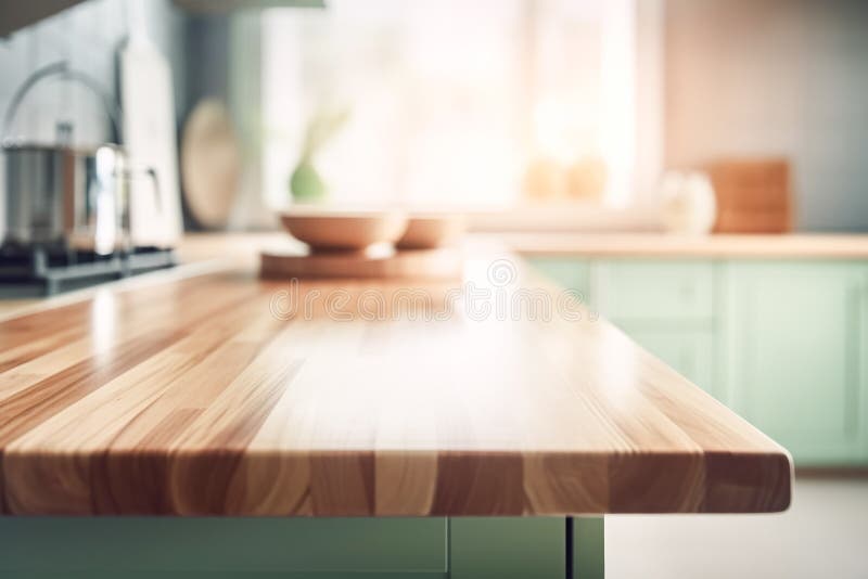 Wooden Empty Countertop in Modern Light Green Kitchen, Kitchen Panel in ...
