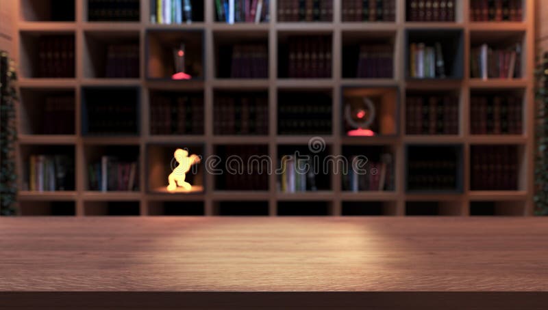 Empty Wooden Desk Front of Bookshelf from Library Stock Photo - Image ...