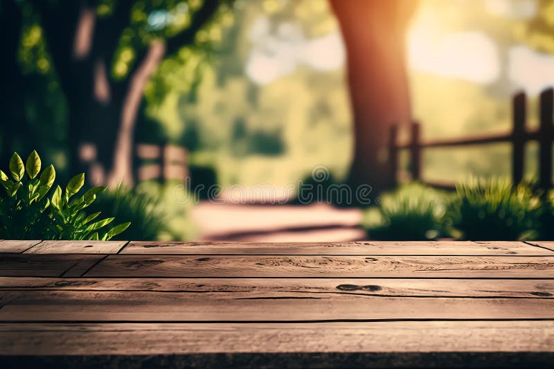 Wooden Empty Table and Blurred Garden in Background. Generative Ai ...