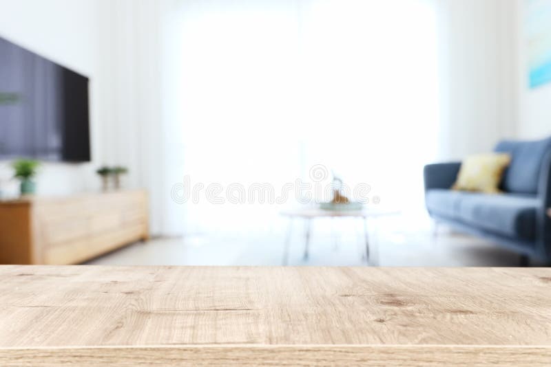 Wooden Empty Table in Front of Living Room Sofa Interior. for Product ...