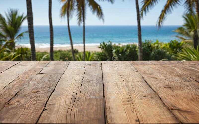 Wooden Empty Table with Palm Trees, Beach and Ocean View Stock ...