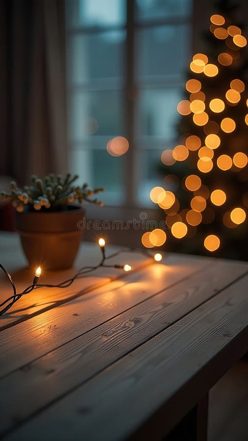 Wooden Empty Tabletop with Christmas Tree and Lights, Vertical ...