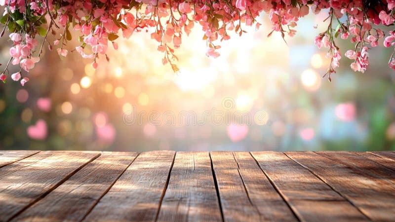 Wooden Empty Tabletop in Front of Blooming Spring Garden with Bokeh ...
