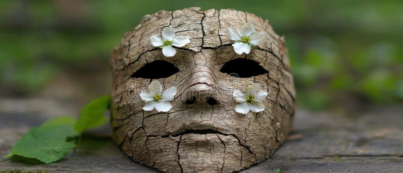 Wooden Face with White Flowers Stock Illustration - Illustration of ...