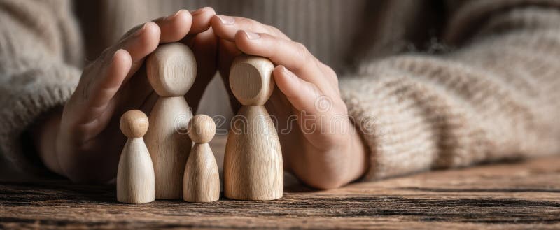 The Wooden Family Figures Protected by Nurturing Hands on a Wooden ...