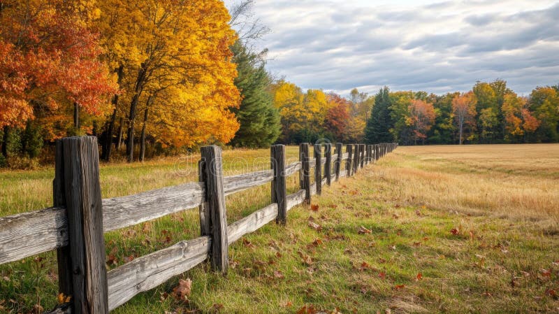 Wooden Fence Bordering a Field of Fall Foliage Stock Illustration ...
