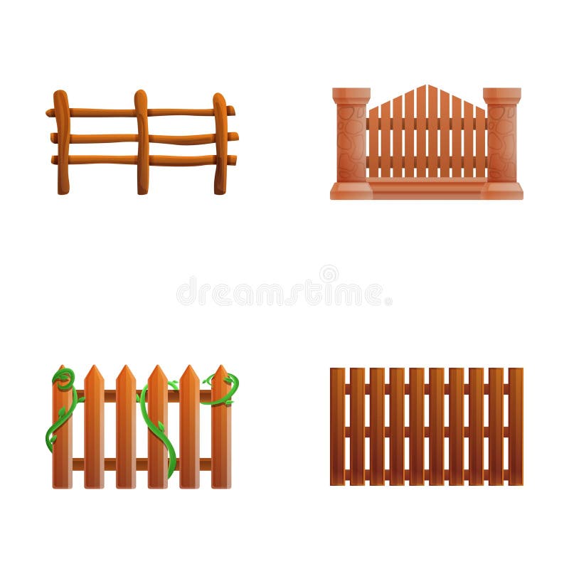 Wooden Fence Icons Set Cartoon Different Type Of Wood Fence Stock Illustration Illustration