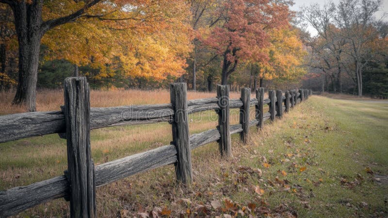 A Wooden Fence Leading through a Field of Fall Trees Stock Illustration ...