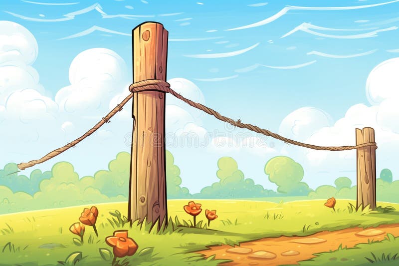 Wooden Fence Post with Rope Guard in a Field Stock Image - Image of ...
