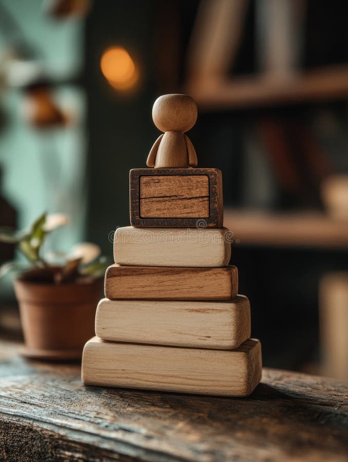 Wooden Figure Atop a Stack of Wooden Blocks on a Rustic Table. Stock ...