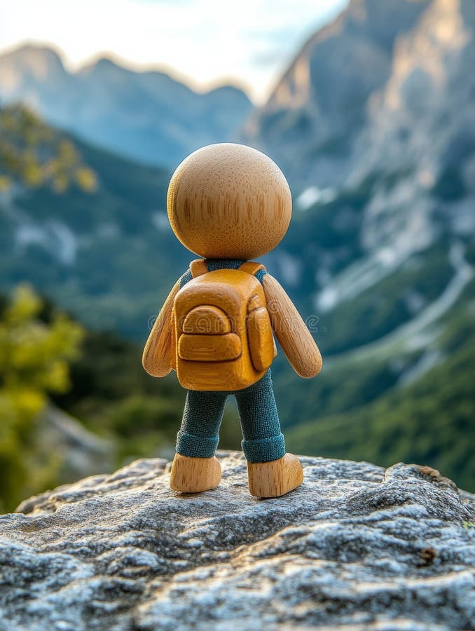 Wooden Figure with a Backpack Gazing at Scenic Mountain View. Stock ...