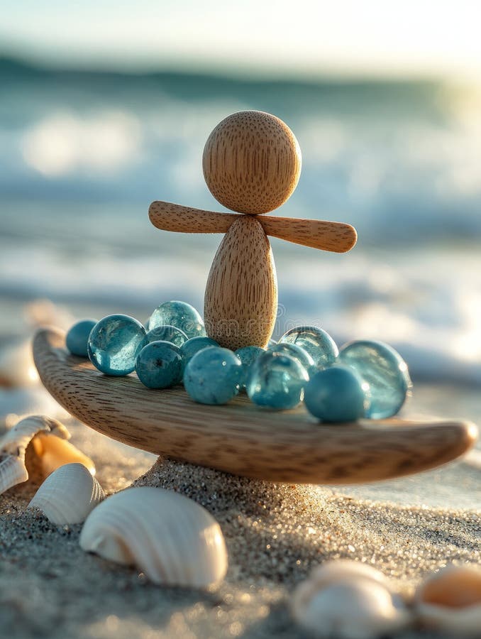 Wooden Figure Balancing on a Seashell by the Beach Waves. Stock Image ...