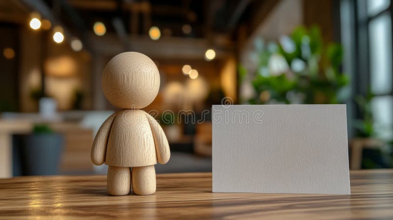 Wooden Figure with Blank Card in a Modern Workspace. Stock Image ...