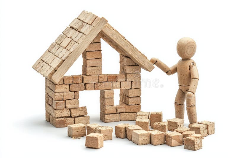Wooden Figure Building a House from Blocks Stock Image - Image of ...