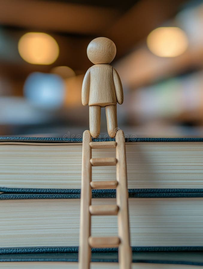 Wooden Figure Climbing Ladder on Stack of Books. Stock Image - Image of ...