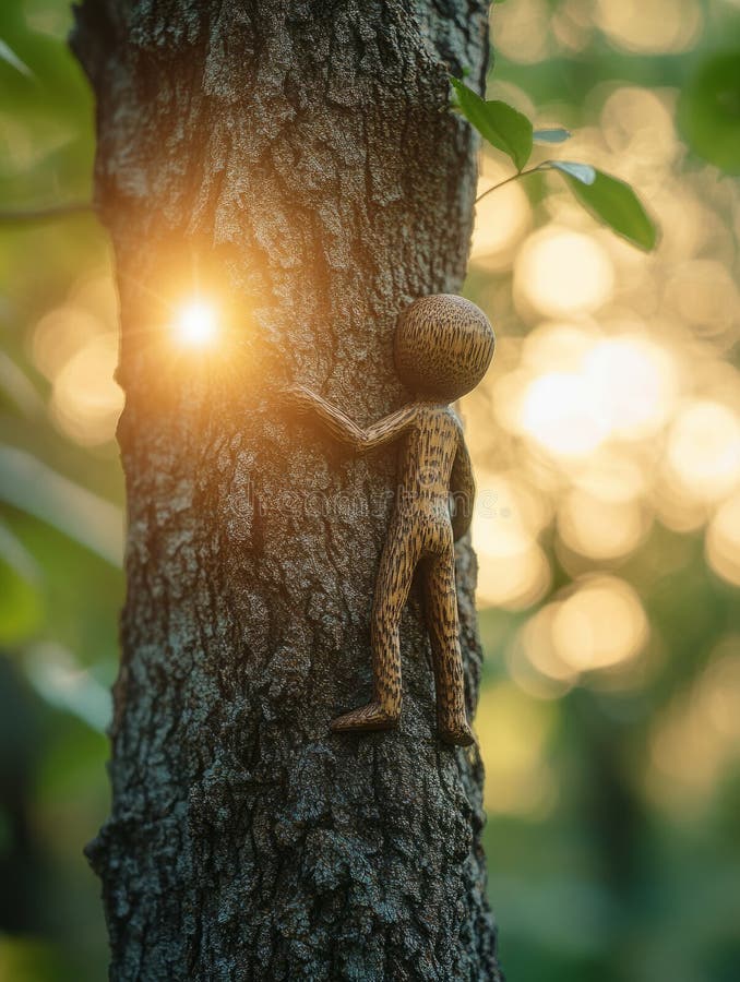 Wooden Figure Climbing Tree with Glowing Light in Forest. Stock Image ...