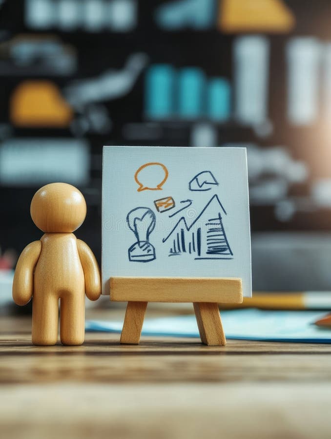 Wooden Figure with Diagrams on a Small Board Symbolizing Planning ...