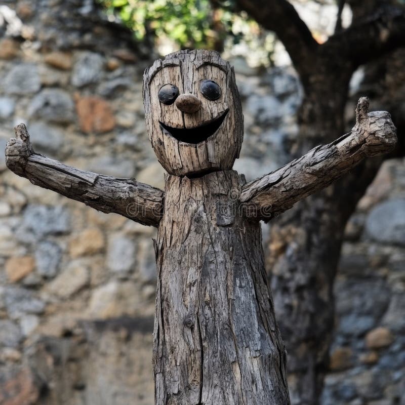 Wooden Figure with Eyes and Teeth on a Background of Stone Wall Stock ...