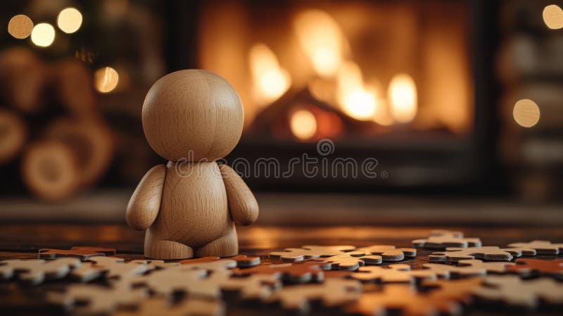 Wooden Figure by a Fireplace Surrounded by Jigsaw Puzzle Pieces. Stock ...