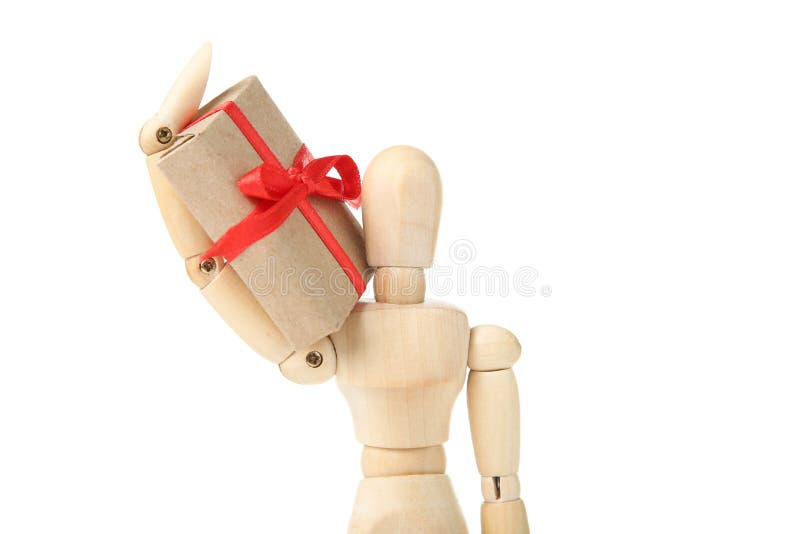 Wooden Figure with Gift Box Stock Image - Image of design, person ...