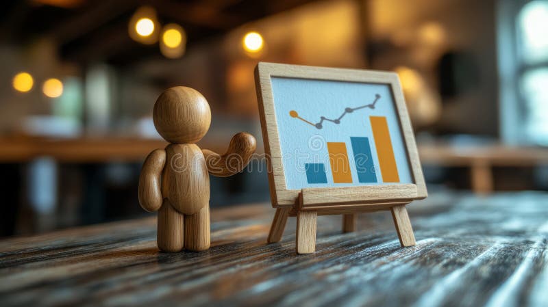 Wooden Figure Giving Presentation with Bar Chart and Line Graph. Stock ...