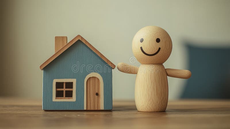 Wooden Figure with a Happy Face beside a Model House. Stock Image ...