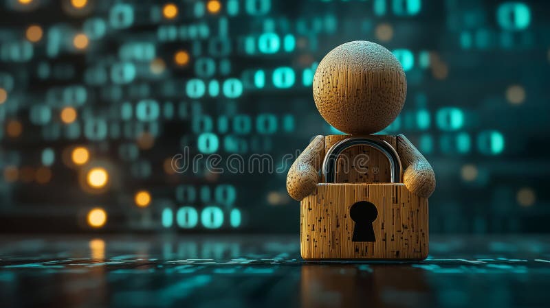 Wooden Figure Holding a Lock Against a Binary Code Background. Stock ...