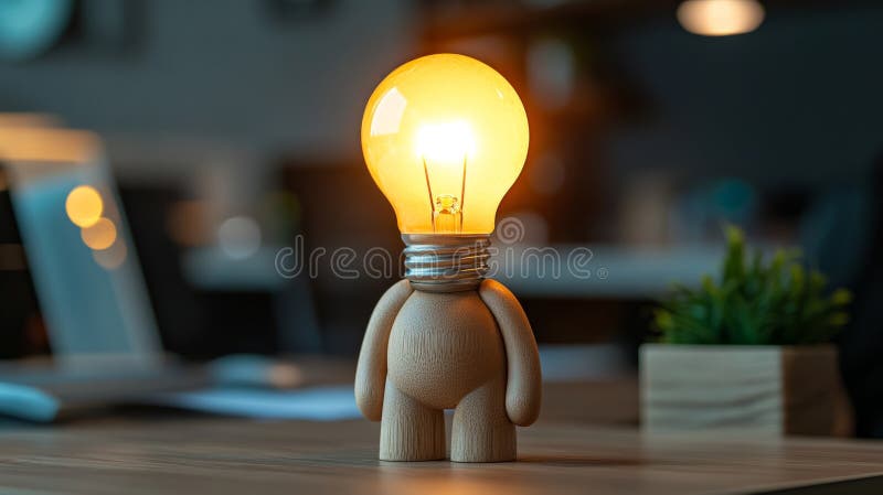 Wooden Figure with a Light Bulb Head on an Office Desk Stock Photo ...