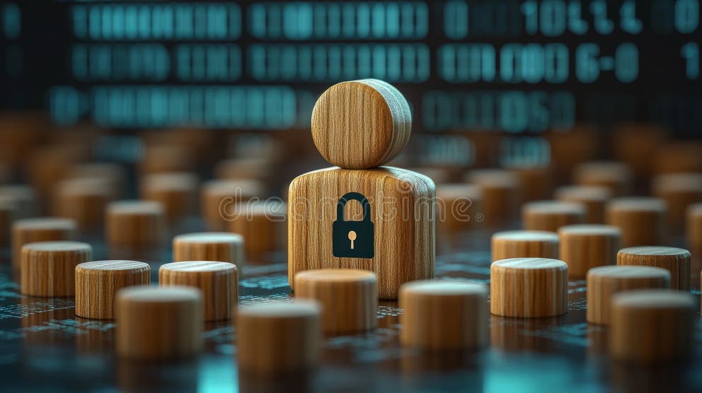 Wooden Figure with Lock Symbol among Binary Code. Stock Photo - Image ...